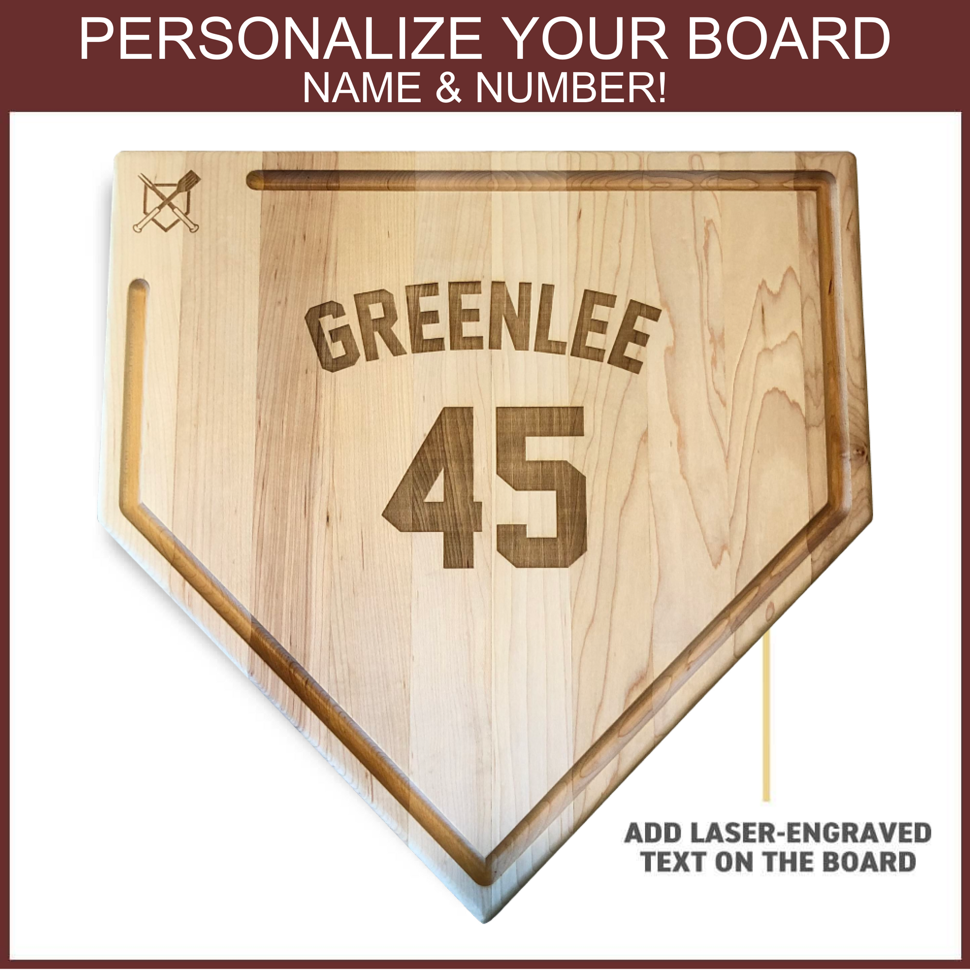 Full Size (17" x 17") Home Plate Cutting Board with Trough & Custom Te ...
