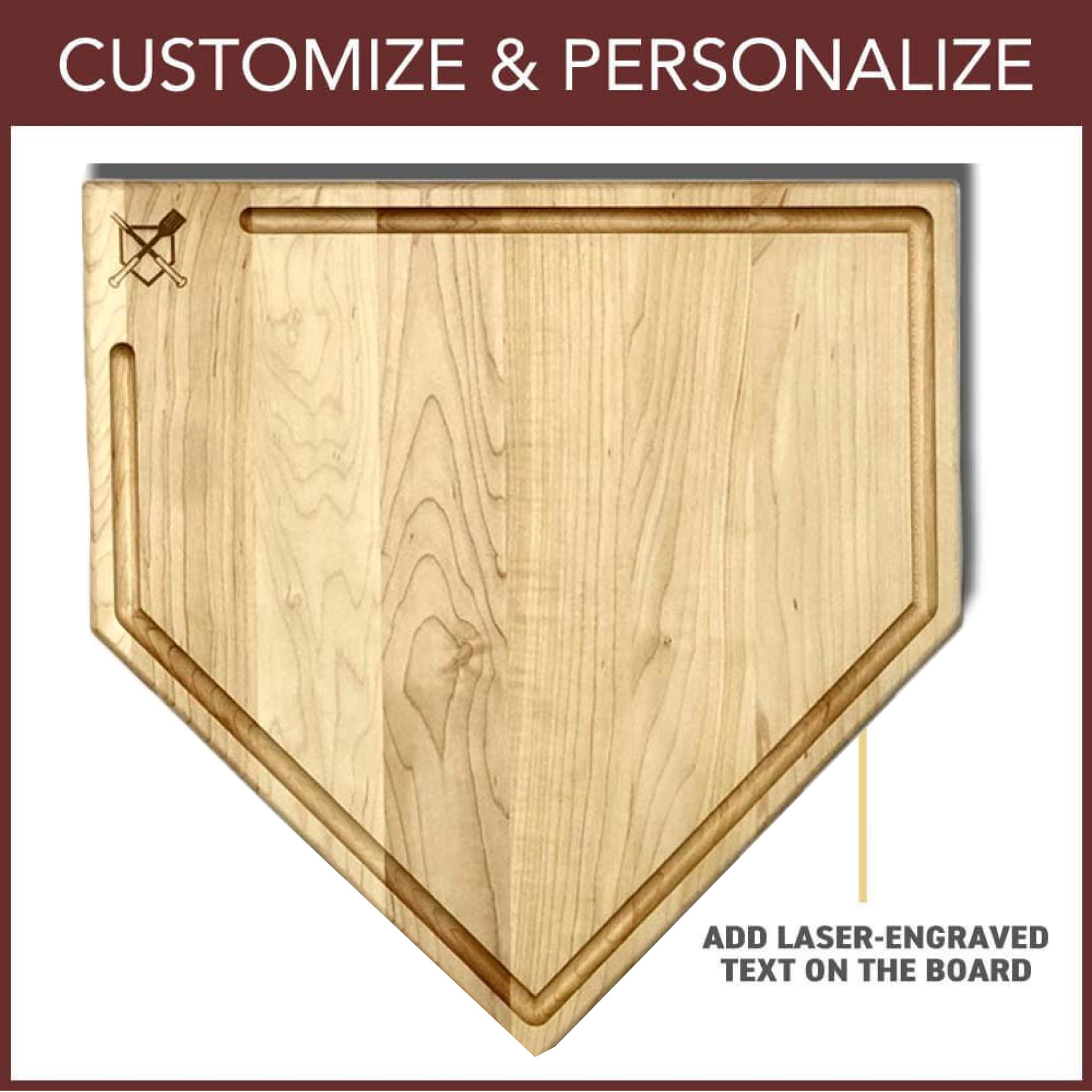 Full Size (17" x 17") Home Plate Cutting Board with Trough & Custom Te ...